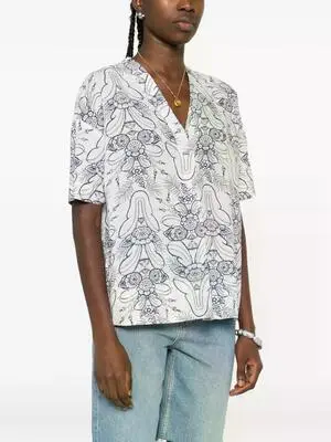 Marc O'polo Floral Print V-neck Short Sleeve Top - White