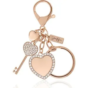 Jessica Simpson Heart & Key Charm Rhinestone Keychain - Rose Gold, Silver