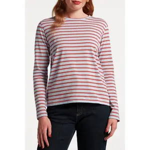 FRANCES VALENTINE Long Sleeve Striped Tee Shirt - Light Blue/red