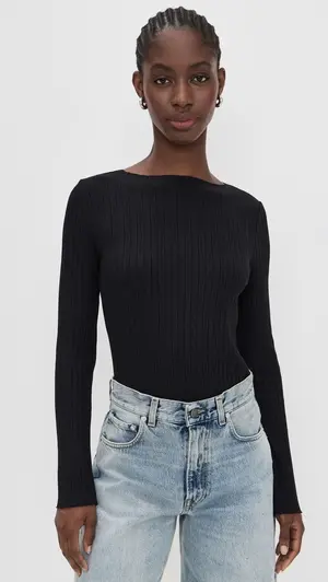 Vince Ribbed Slash Neck Shirt - Black
