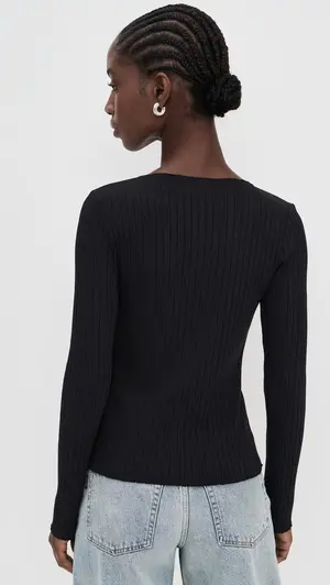 Vince Ribbed Slash Neck Shirt - Black