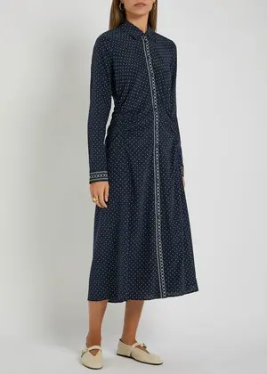 Veronica Beard Lex Polka Dot Stretch-silk Midi Shirt Dress - Navy