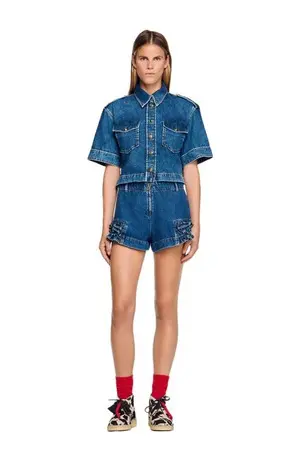 Sandro Ruffled Denim Shorts