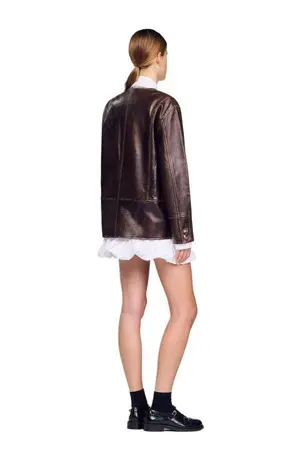 Sandro Long Distressed Leather Jacket