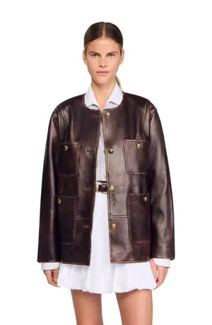 Sandro Long Distressed Leather Jacket