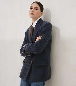 Brunello Cucinelli Cashmere Cable Knit Double-breasted Blazer - Blue