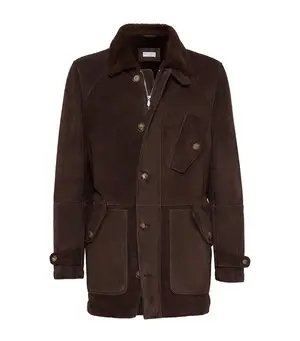 Brunello Cucinelli Suede Shearling Pea Coat - Brown