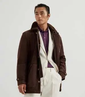 Brunello Cucinelli Suede Shearling Pea Coat - Brown