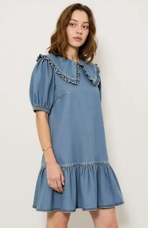 MODENAIRE Ruffled Collar Dress With Puff Sleeves And Tiered Hem