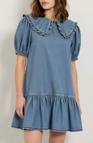 MODENAIRE Ruffled Collar Dress With Puff Sleeves And Tiered Hem