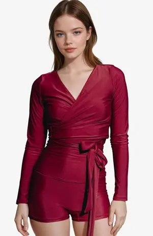 CALYPSA Avery 2-piece Long Sleeve Wrap Swim Set - Wine