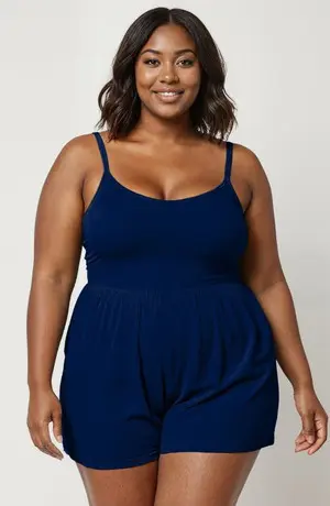 CALYSA Ivy Short Swim Romper With Built-in Bra And Hidden Shorts - Navy
