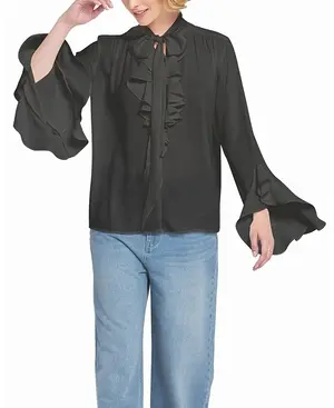 ELLE COLLECTION Flounce Trimmed Tie Neck Blouse - Black