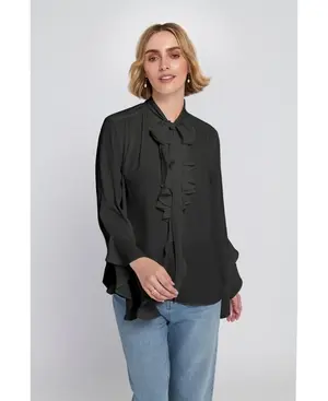 ELLE COLLECTION Flounce Trimmed Tie Neck Blouse - Black