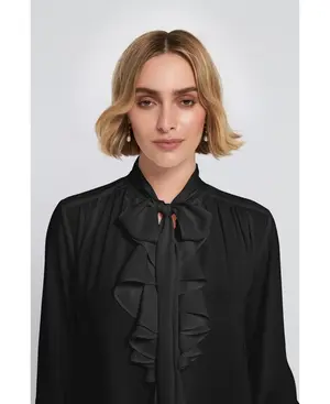 ELLE COLLECTION Flounce Trimmed Tie Neck Blouse - Black