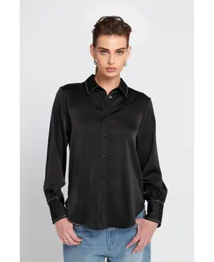 ELLE COLLECTION Sparkle Trim Satin Shirt - Black
