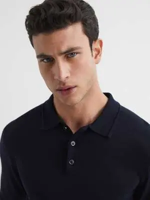 REISS Trafford Merino Wool Polo Shirt - Navy