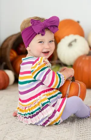 RUFFLEBUTTS Striped Bodysuit With Ruffle Detail
