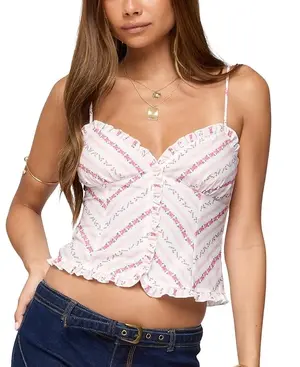 EDIKTED Floral Striped Ruffle Tank Top - Mix