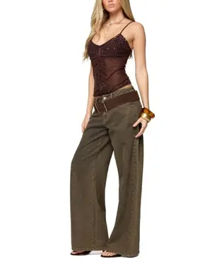 EDIKTED Azelia Beaded Sheer Chiffon Top - Brown