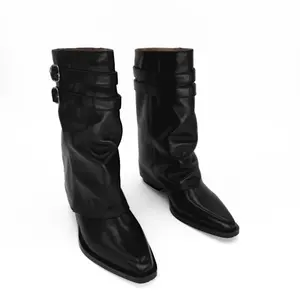AMIE RAFA Alma Foldover Leather Boots With Double Buckle Detail