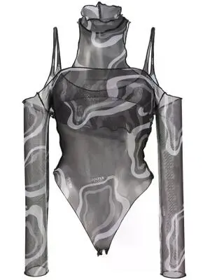 JULFER Janet Semi-sheer Layered Bodysuit With Abstract Logo Print - Black