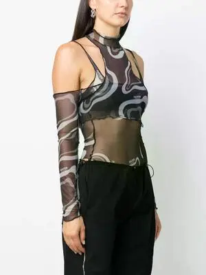 JULFER Janet Semi-sheer Layered Bodysuit With Abstract Logo Print - Black