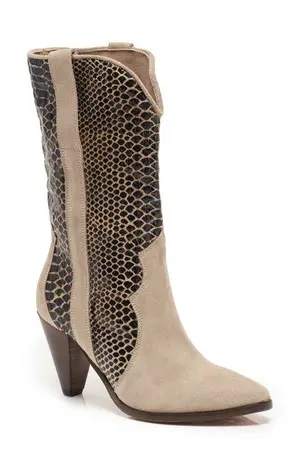 Free People Tapered Heel Western Boots - Beige Suede/snake