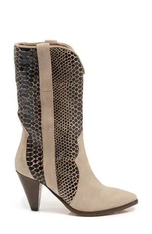Free People Tapered Heel Western Boots - Beige Suede/snake