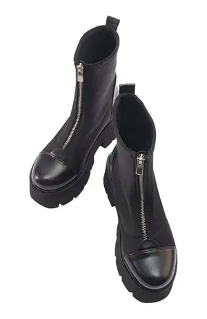 PROLOGUE SHOES Bray Patent Chunky Ankle Boots - Black Patent Faux Leather