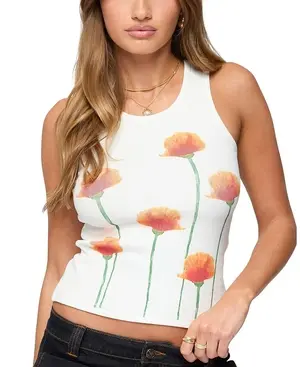 EDIKTED Wild Flowers Ribbed Tank Top - White
