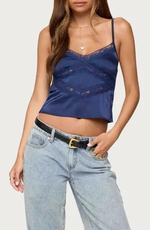 EDIKTED Lace Inset Crop Satin Camisole - Navy