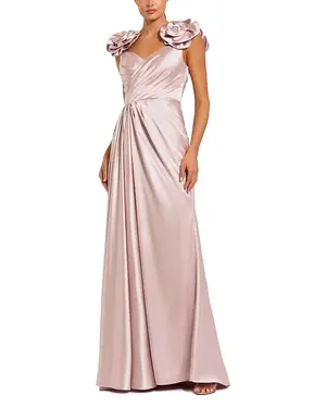 Mac Duggal Satin Faux Wrap Gown With 3d Flower Straps - Rose