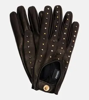 Versace Cutout Studded Leather Gloves - Brown