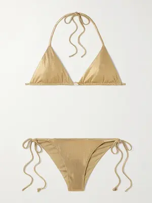SARA CRISTINA Pearl-embellished Metallic Triangle Bikini - Gold