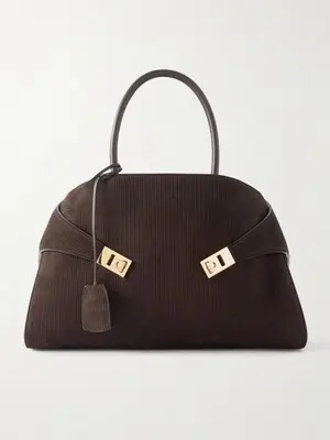 FERRAGAMO Hug Medium Leather-trimmed Ribbed-suede Tote
