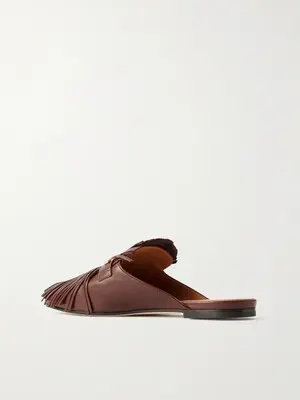 TOD'S Embellished Fringed Leather Slippers - Brown