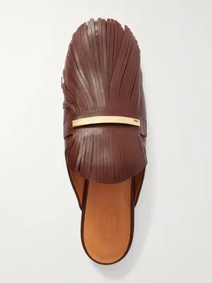 TOD'S Embellished Fringed Leather Slippers - Brown