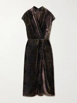 Dries Van Noten Printed Velvet Wrap-effect Midi Dress
