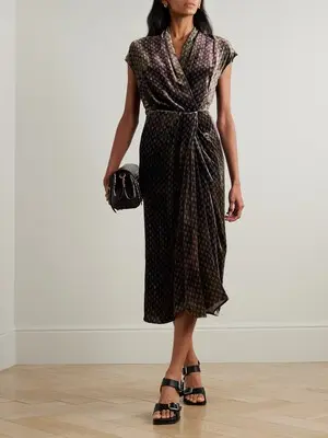 Dries Van Noten Printed Velvet Wrap-effect Midi Dress
