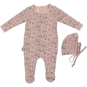 MANIÈRE Floral Footie & Hat Set - Mauve
