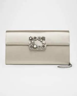 ROGER VIVIER Flower Buckle Satin Envelope Bag Grigio Perla