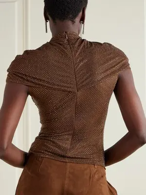 SELF-PORTRAIT Gathered Cutout Crystal-embellished Mesh Top
