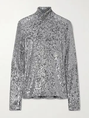 Rabanne Sequined Tulle Turtleneck Top - Silver