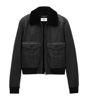 Saint Laurent Shearling Collar Leather Bomber Jacket