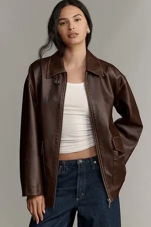PILCRO Sofia Faux Leather Long Bomber Jacket