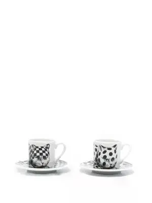 FORNASETTI High Fidelity Cat-print Teacups - White