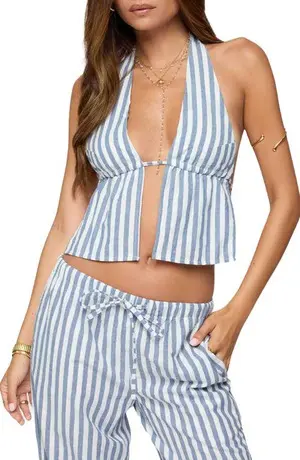 EDIKTED Striped Halter Top - Blue-and-white