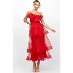 BARIANO Mae Tiered Ruffle Midi - Red
