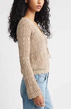 Bp. Fly Away Tie Front Crochet Cardigan - Tan Savannah